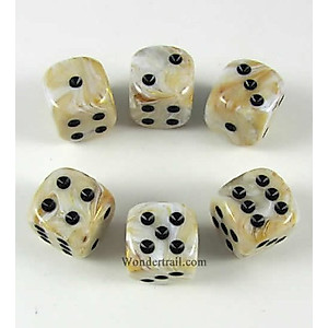 Wondertrail Ivory Marbleized Dice with Black Pips 16mm (5/8 inch) D6 Set of 6