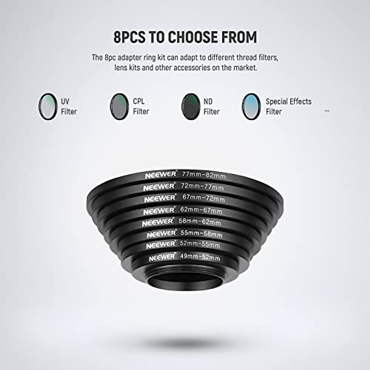 NEEWER 8PCS Step Up Rings Filter Adapter, 49-52mm, 52-55mm, 55-58mm, 58-62mm, 62-67mm, 67-72mm, 72-77mm, 77-82mm Threaded Premium Anodized Aluminum Frame