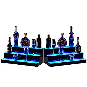 2 Pack LED Lighted Liquor Bottle Display Shelf,24-inch LED Bar Shelves for Liquor, 3-Step Lighted Liquor Bottle Shelf for Home/Commercial Bar, Acrylic Lighted Bottle Display with Remote & App Control