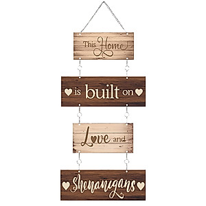 4 Pcs Home Family Sign This Home Is Built on Love and Shenanigans Hanging Home Decor Sign Rustic Wooden Farmhouse Wall Decoration for Living Room Bedroom Indoor Outdoor(Mixed Colors)