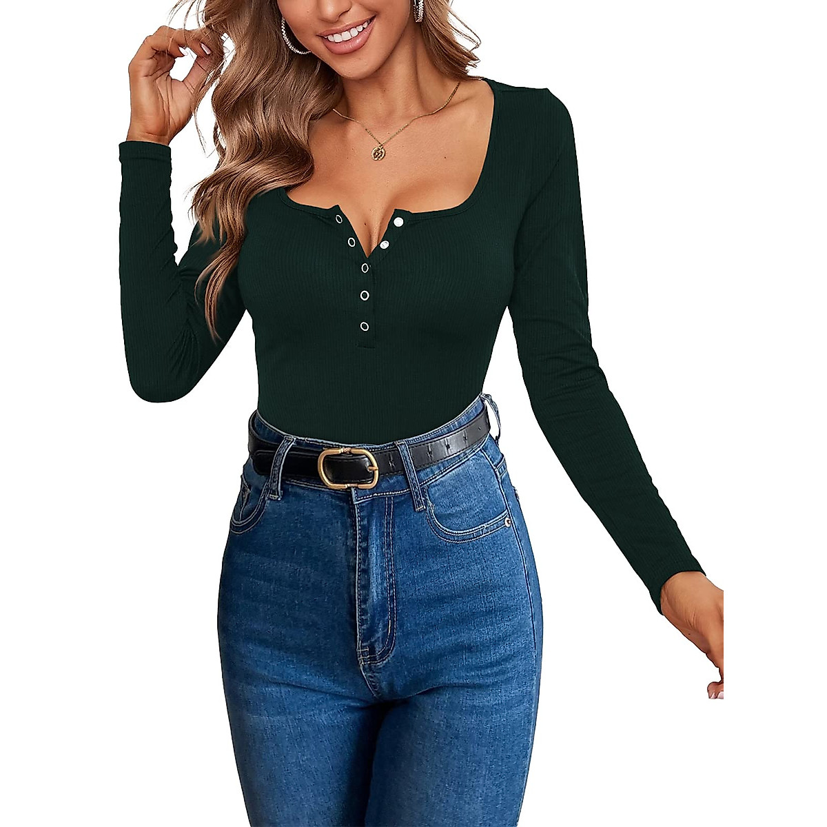 Women Long Sleeve Tops Scoop Neck Low Cut Slim Fitted Henley Shirt Sexy Basic Tee Shirts Tops Blackish Green