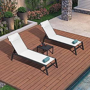 PURPLE LEAF Outdoor Lounge Chairs Set Patio Chaise Lounges Outside with 2 Side Tables for Beach Pool Sun Lounger Reclining Chair White