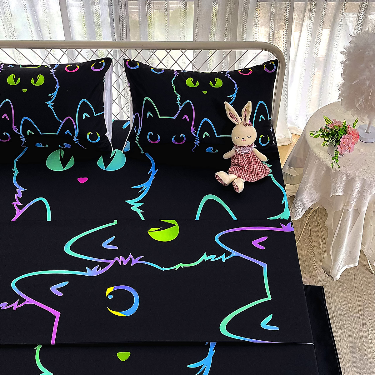 BailiPromise Cute Cartoon Cat Sheets Set Twin Size,Kawaii Simple Strokes Animals Kids Bed Sheets with Pillowcase,Cot Sheets Fitted Sheet with 16" Deep Pocket,for Girls Boys Teen Bedding 4 Piece Set