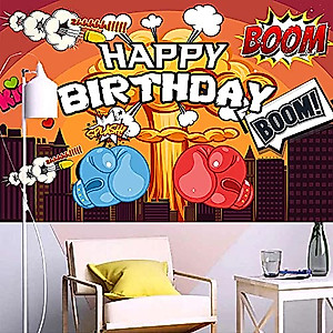 EMTOBT Happy Birthday Backdrop Superhero City Boom Background Red and Blue Boxing for Boy Gift Childen Happy Birthday Party Decorating 7x5FT Banner Photo Booth Props Room Decor Supplies BJWHEM562