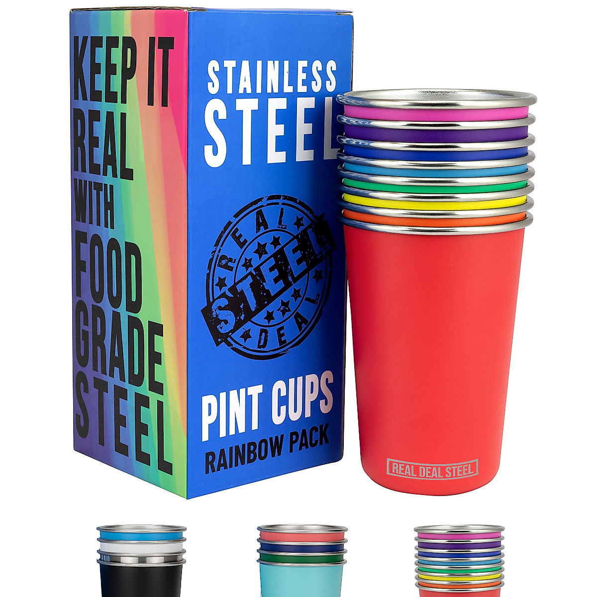 Real Deal Steel Rainbow Cups 16 oz Pint Cups, Stackable Tumblers, Eco Friendly Premium Metal Drinking Glasses