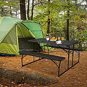 Giantex Folding Picnic Table Bench Set, Outdoor Dining Table Set, Large Camping Table for Patio Deck Lawn Garden Backyard Poolside, Portable Picnic Tables, Weather Resistant Metal Frame, Black