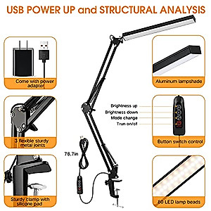 ENOCH LED Desk Lamp, 14W Eye-Caring Metal Swing Arm Desk Lamp with Clamp, 3 Modes, 30 Brightness Dimmable Clamp Desk Light with Memory Function/USB Adapter, Architect Table Desk Lamps for Home Office
