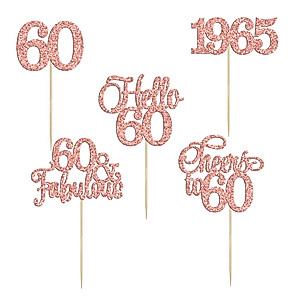 Gyufise 30Pcs 60th Birthday Cupcake Toppers 60 Fabulous Cupcake Picks Cheers to 60 1965 Cake Decorations for Happy 60th Birthday Wedding Anniversary Party Decoration Supplies Rose Gold