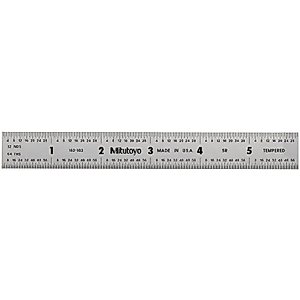 Mitutoyo 182-103, Steel Rule, 6" (5R), (1/32, 1/64", 1/10", 1/100"), 3/64" Thick X 3/4" Wide, Satin Chrome Finish Tempered Stainless Steel
