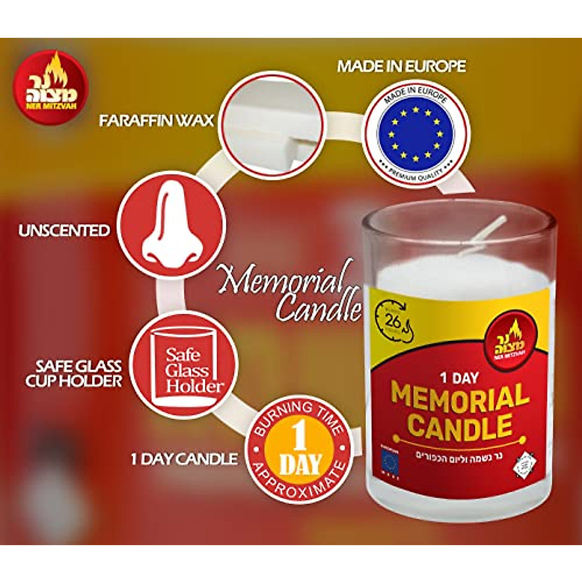 Ner Mitzvah Yahrzeit Memorial Candles - 1 Day Yahrzeit Candle - Yartzeit Candles 24 Hour Yom Kippur Jewish Candles in Glass Tumbler - 3 Pack