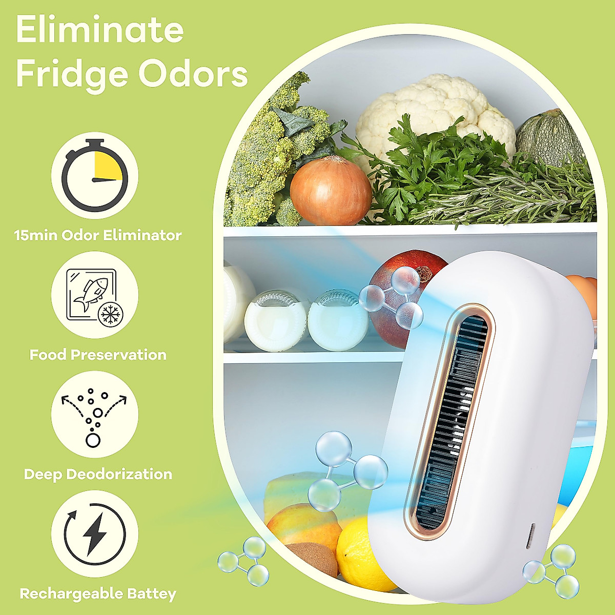 Mini USB Fridge Deodorizer Refrigerator: Odor Eliminator Reusable Ozone Odor Deodorizer USB Rechargeable with Hanging Holder for Fridge, Car, Closet, Wardrobe