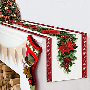 Netnology Watercolor Poinsettia Red Christmas Table Runner with White Snowflake,Seasonal Winter Xmas Party Decoration Holiday Indoor Home Kitchen Decor 13 x 72 Inch