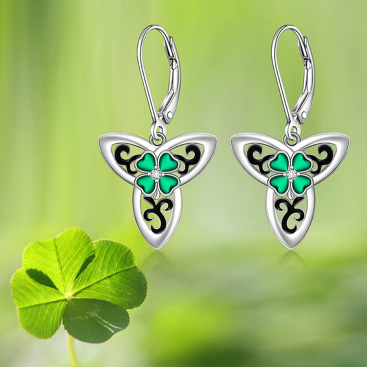St Patricks Day Earrings Shamrock Earrings for Women Sterling Silver Celtic Knot Green Four Leaf Clover Earrings triangle Jewelry Friendship Irish Birthday Gifts