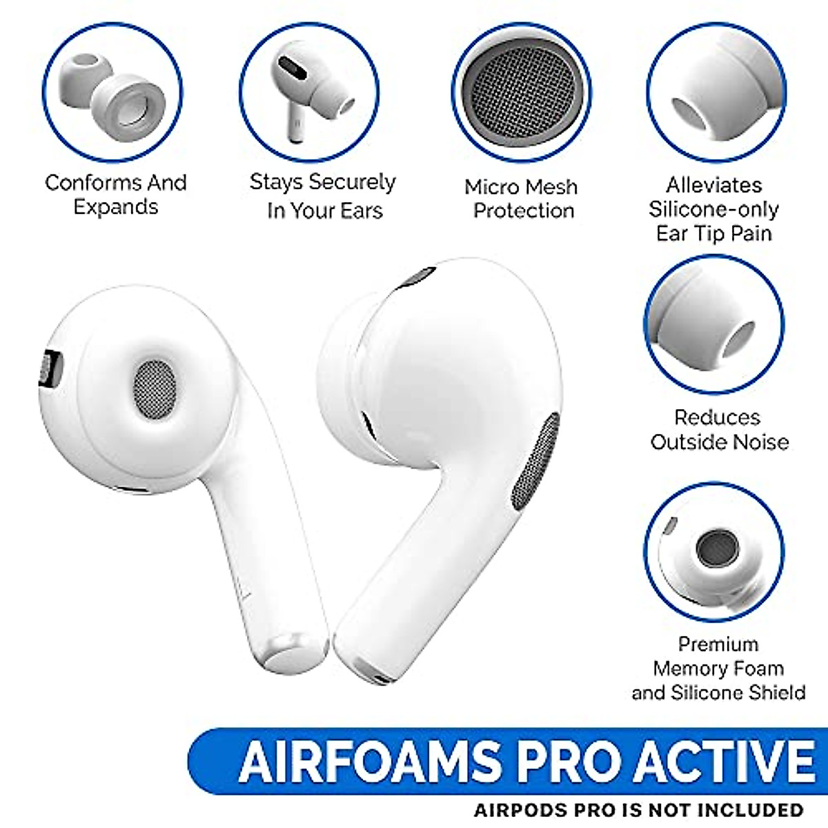 CharJenPro Patented Design Memory Foam Ear Tips for AirPods Pro and AirPods Pro 2 w/Silicone Shield. AirFoams Pro Active 2.0 Lasts 5X Longer. Replacement Tip. As seen on Kickstarter. (S/M/L, White)