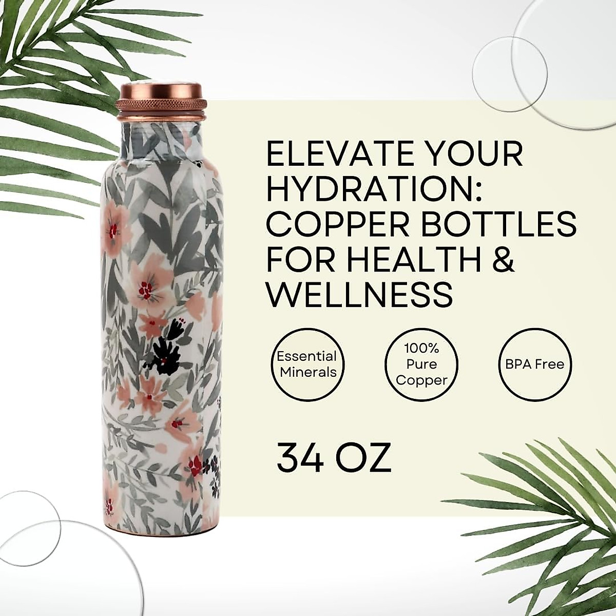 Perilla Home Pure Copper Water Bottle 34 Oz Leak Proof 100% Pure - Ayurvedic Copper Vessel - Drink More Water And Enjoy The Health Benefits Immediately - For Daily use Gym, Yoga Bottle (Printed 1)