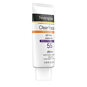 Neutrogena Clear Face Liquid Lotion Sunscreen for Acne-Prone Skin, Broad Spectrum SPF 55 with Helioplex Technology, Oil-Free, Fragrance-Free & Non-Comedogenic Facial Sunscreen, 3 fl. oz