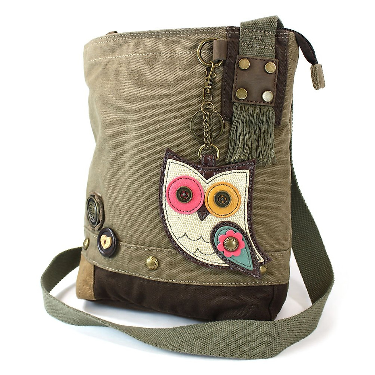 Chala Handbag Patch Canvas Crossbody Handbags with Owl Key-Fob (Olive Green)
