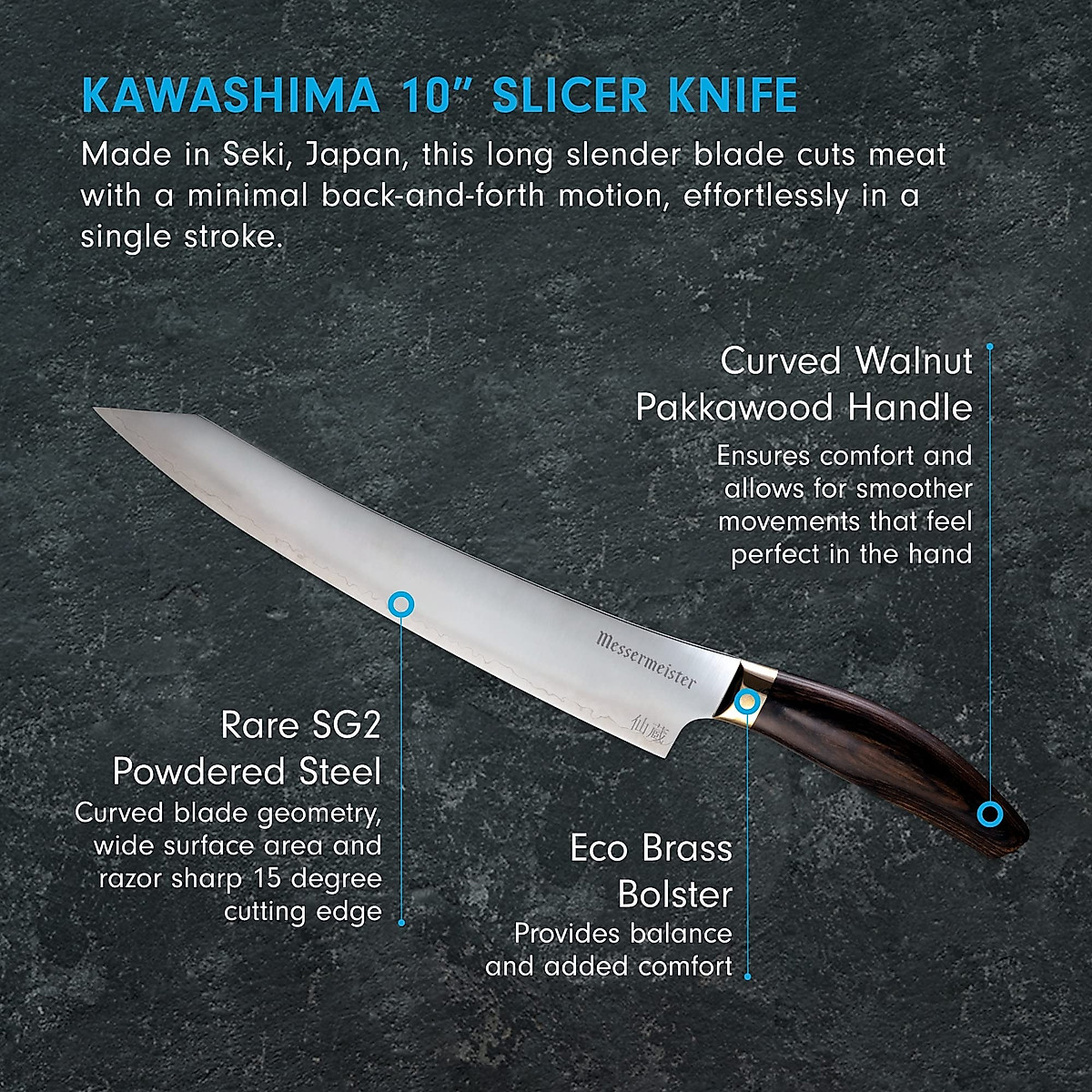 Messermeister Kawashima 10” Slicer Knife - SG2 Powdered Steel, Eco-Brass Bolster & Walnut Pakkawood Handle - Made in Seki, Japan