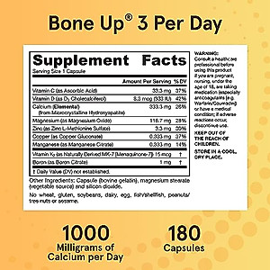 Jarrow Formulas BoneUp Three Per Day - 180 Capsules - 60 Servings - For Bone Support & Skeletal Nutrition - Includes Naturally Derived Vitamin D3, K2 (as MK-7) & 1000mg Calcium - Gluten Free - Non-GMO