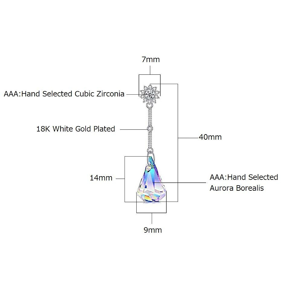 Savlano 14k White Gold Plated Aurora Borealis Austrian Rainbow Multicolor Crystal Tear Drop Cut Stud Dangle Earrings For Women & Men