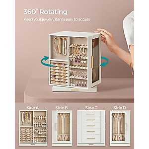 SONGMICS Jewelry Box 360° Rotating, Jewelry Storage Case with 5 Drawers, Jewelry Organizer, Glass Window, Spacious, Vertical Jewelry Storage, Open Design, Christmas Gift, Cloud White UJBC170W01