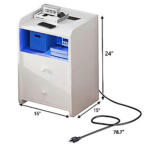 Roozmausy Nightstand with LED Lights and Charging Station,White nightstand,Bedside Table with Drawer,Bedside Cupboard,Bedside Cabinets,Small Spaces Side End Table (White-2Drawer)