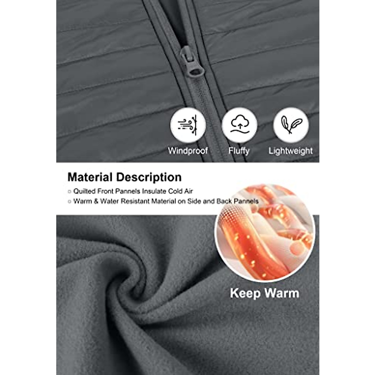 Pudolla Men's Lightweight Puffer Jacket Winter Thermal Running Jacket Hybrid Waterproof Down Coat for Golf Hiking(Dark Grey Large)