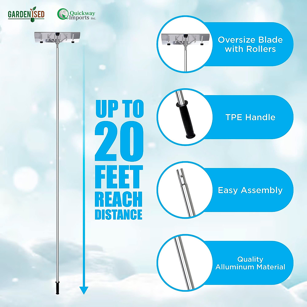 Quickway Imports Snow Rake Shovel | Aluminum Snow & Leaf Removal Tool & Pusher Scraper for House Roof & Car with 24” Rolling Blade, Lightweight 5-21’ Telescoping Extendable Handle & Nonslip Grip,Gray