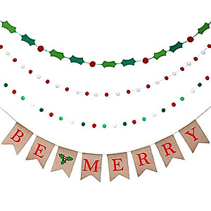 Christmas Felt Ball Garland Colorful Pom Pom Garland with Be Merry Burlap Banner Holiday Holly and Berries Felt Banner for Party Home Decoration