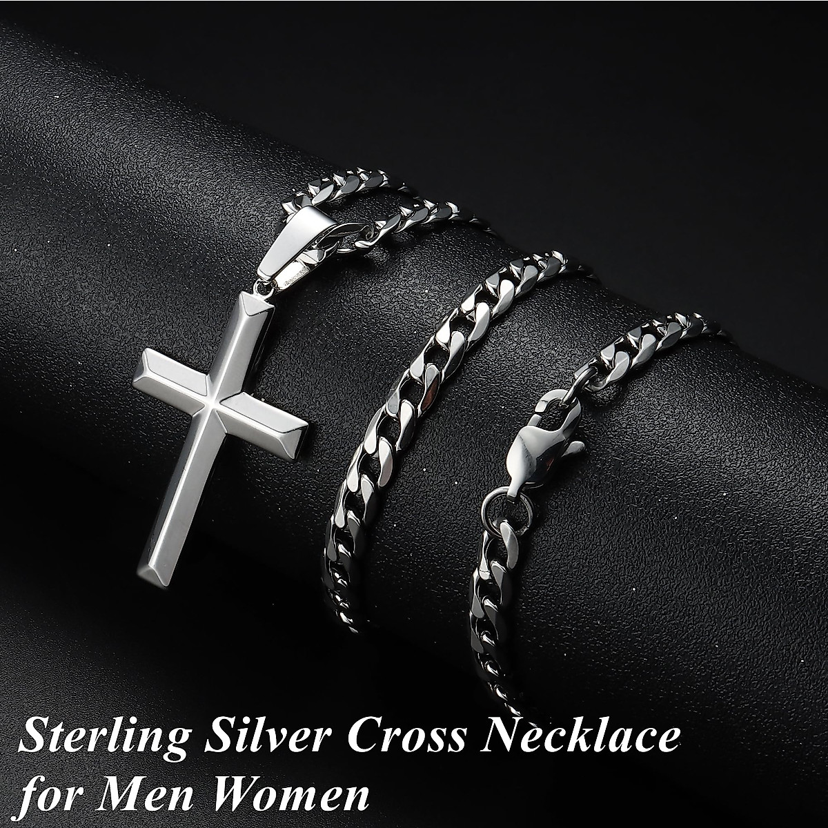 Fansilver 925 Sterling Silver Cross Pendant Necklace Diamond-Cut Cuban Link Chain Necklace Highly Polished Beveled Edge Cross Chain Necklace Silver Cross Necklace for Men Women 24 Inches