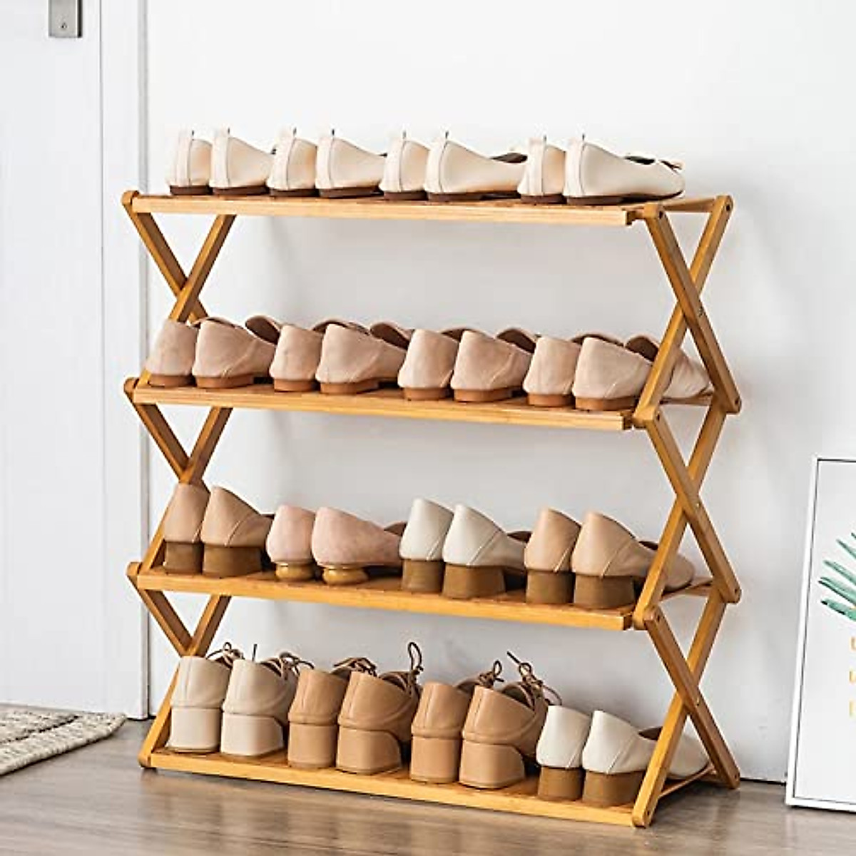 Koolouispoper Shoe Rack 3/4 Tier Folding Multifunctional Storage Organizer Bamboo Shoe Shelf Simple Household Economical Shelf (4 Layers)