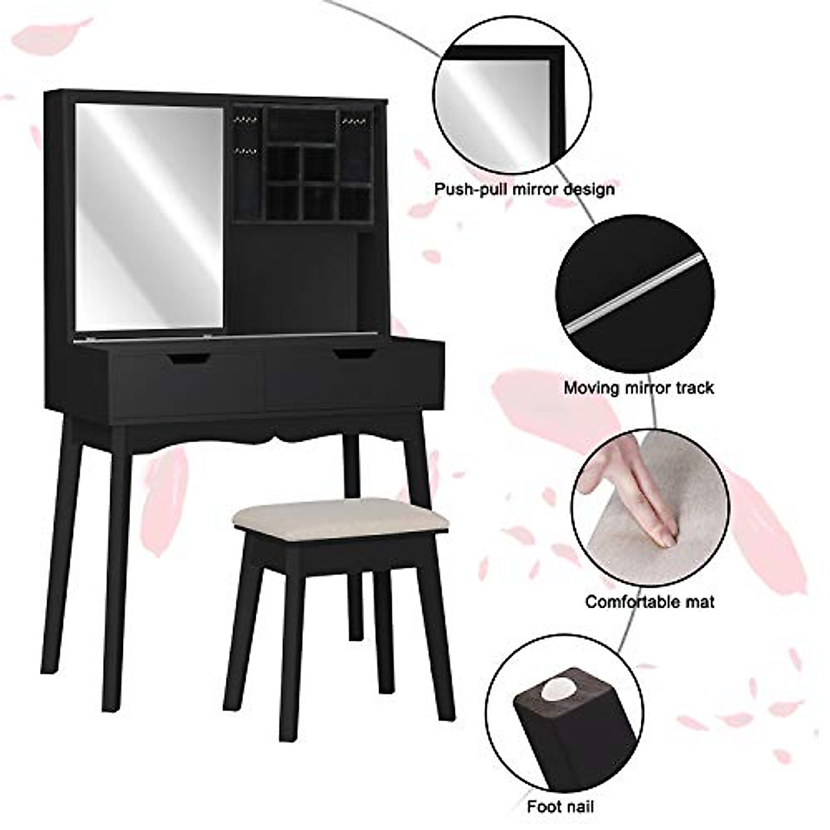 LYNSLIM Vanity Desk, Makeup Vanity with Mirror & LED Lights，Makeup Vanity Table with 2 Drawers & 4 Storage，Small Vanity Set Storage Stool for Dressing Bedroom (Black, Big)