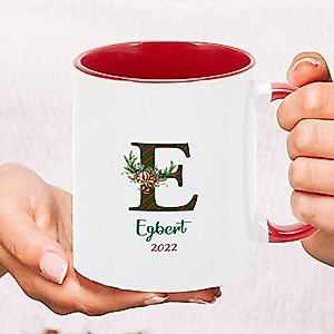 Two_Tone Red Mug Personalized 2022 Christmas Name Coffee Mug, Pine Berry Green & Red Stripe Initials E Funny Coffee Mug Cup, A to Z 26 Alphabet Mug Tea Mug Gift 11 OZ