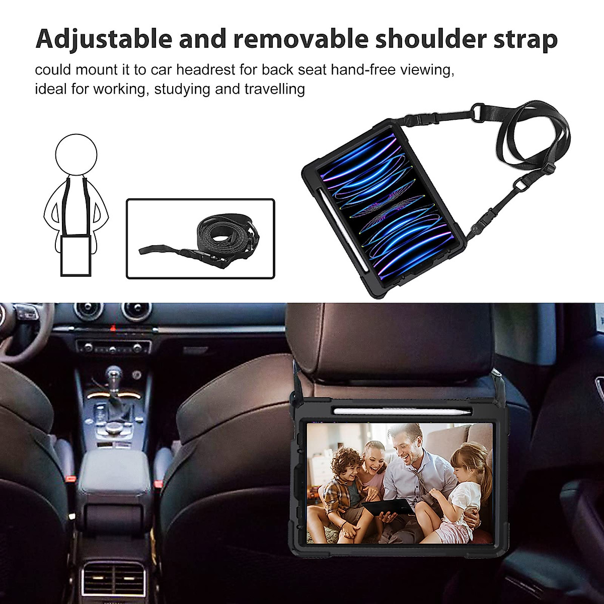 ProCase for iPad Pro 11 Inch Case 2022 2021 2020 2018, Rugged Heavy Duty Shockproof Cover with Hand Strap Shoulder Strap for iPad Pro 11" 4th 3rd 2nd 1st Generation -Black