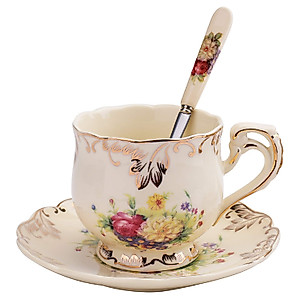 Foraineam Set of 2 Tea Cup and Saucer, 8 oz. Flowering Shrubs Ivory Ceramic Coffee Cup Fancy Floral Porcelain Tea Cup Set with Saucer and Spoon