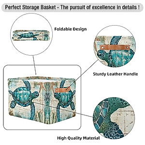Sea Turtle Retro Map Storage Basket Bin Nautical Ocean Starfish Large Fabric Toys Storage Cube Box with Handles Collapsible Closet Shelf Cloth Organizer Basket for Nursery Bedroom Gift