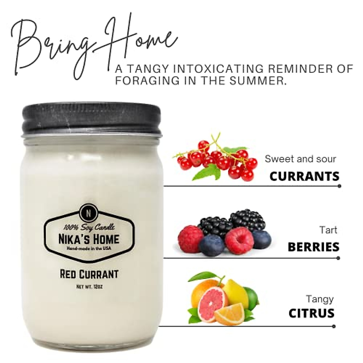 Nika's Home Red Currant Soy Candle 12oz Mason Jar Non-Toxic White Soy Handmade Long Burning 50-60 Hours Highly Scented All Natural Clean Burning Large Candle Gift Décor