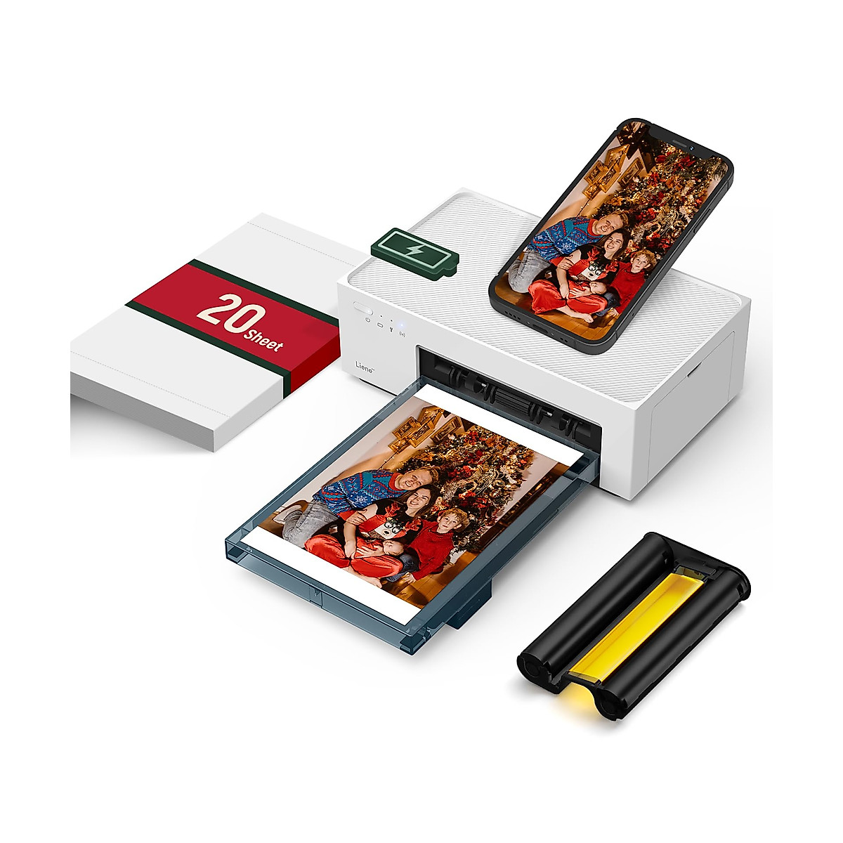 Liene 4x6'' Rechargeable Photo Printer Bundle (100 pcs +3 Ink Cartridges), Wireless Photo Printer for iPhone, Smartphone, Android, Computer, Dye Sublimation Printer, Photo Printer for Travel, Home Use