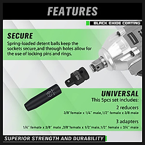 SWANLAKE 5-Piece Impact Socket Adapter Set, 1/4, 3/8, 1/2" SAE Socket Adapter, Cr-V Steel Impact Adapter Set