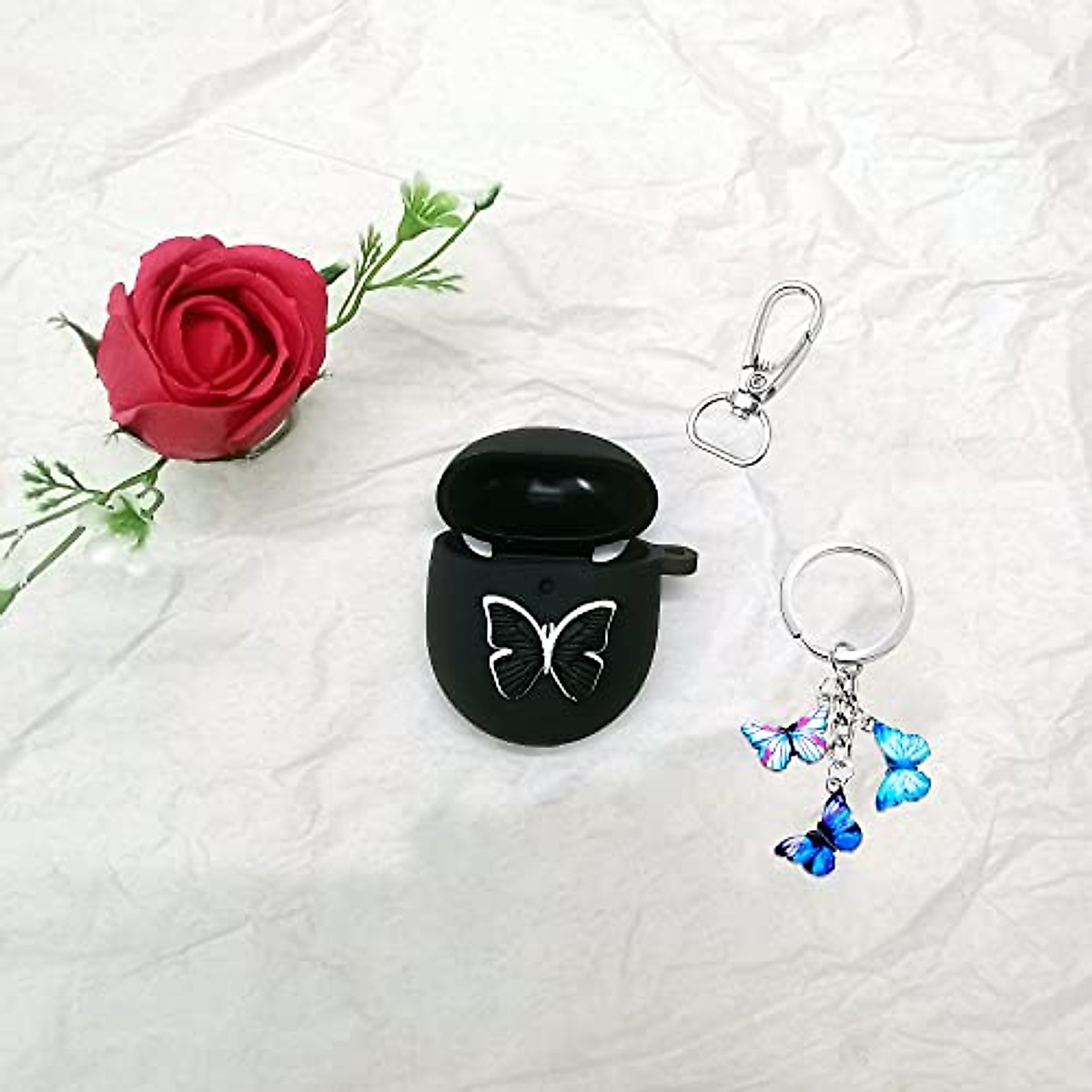 Case for Google Pixel Buds Pro Case Cover 2022, Cute Cartoon Butterfly Skin Soft Silicone Pixel Buds Pro Charging Case Earbuds Protective Cover with Keychain for Women Girl Gift (Black)