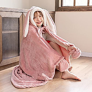 Cute Bunny Ear Wearable Hooded Blanket with Hand Gloves for Women Girls 59inch Length Warm Cozy Plush Flannel Hoodie Poncho Throw Cloak Wrap Cape Fluffy Couch Sofa Bed Fleece Blanket Christmas Gifts