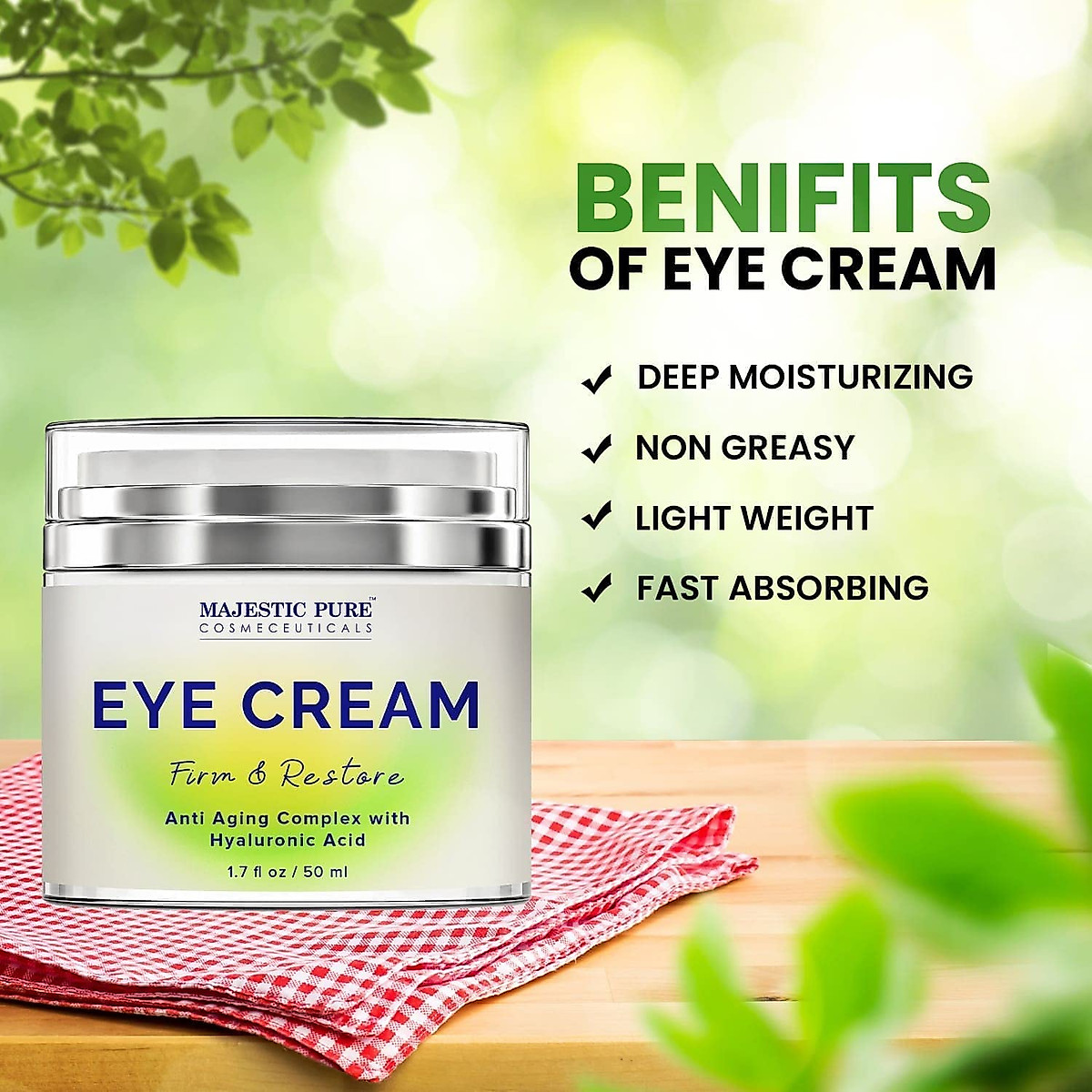 Majestic Pure Under Eye Cream with Hyaluronic Acid - Anti Aging & Firming - Reduces Appearance of Dark Circles, Puffiness, Eye Bags & Crow’s Feet - Youthful & Bright Appearance - Men and Women - 50ml