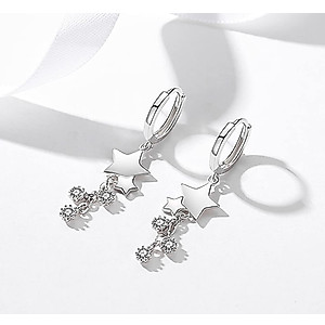 SLUYNZ 925 Sterling Silver Star Dangle Hoop Earrings for Women Star Hoop Earrings Droplet Dangle (A-Silver)
