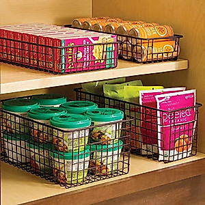 mDesign Metal Wire Food Storage Shallow Bin Basket with Handles for Organizing Kitchen Cabinets, Counter, Pantry Shelf - Perfect for Snacks, Drinks - Concerto Collection - Bronze