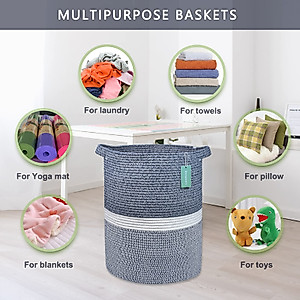 BOSROTY Large Blanket Basket, Tall Laundry Basket 72L, Nursery Hamper, Laundry Hamper, Clothes Basket Laundry, Large Storage Basket, Cotton Rope Basket, Toy Basket, 16”x 22”,Blend Navy Blue & White