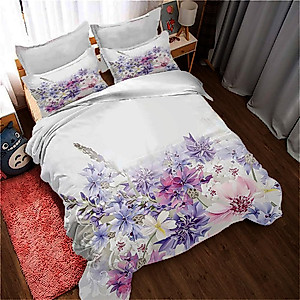 Purple Themed Flower Duvet Cover Set, Vibrant Blooming Bouquet Printed Duvet Cover ,Comfortable And Lightweight 3-piece Bedroom Pillowcase Home Decoration (1 Duvet Cover+2 Pillowcases)-Flower1-King