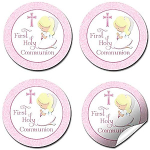 First Holy Communion Religious Thank You Sticker Labels for Girls (Light Skin, Blond Hair), 40 2" Party Circle Stickers by AmandaCreation, Great for Party Favors, Envelope Seals & Goodie Bags
