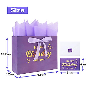 13" Large Purple Painting Gift Bag Set with Greeting Card and Lavender Tissue Papers (Gold Foil Happy Birthday) for Women's Birthday Party, Girls' Birthday Parties, Baby Shower, Baby Girl -