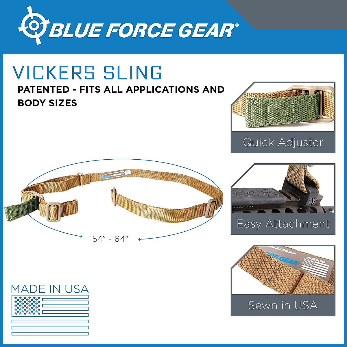 Blue Force Gear Vickers Sling | 2 Point Sling Adjusts for Carrying Positions | 54-64 inches (Black)