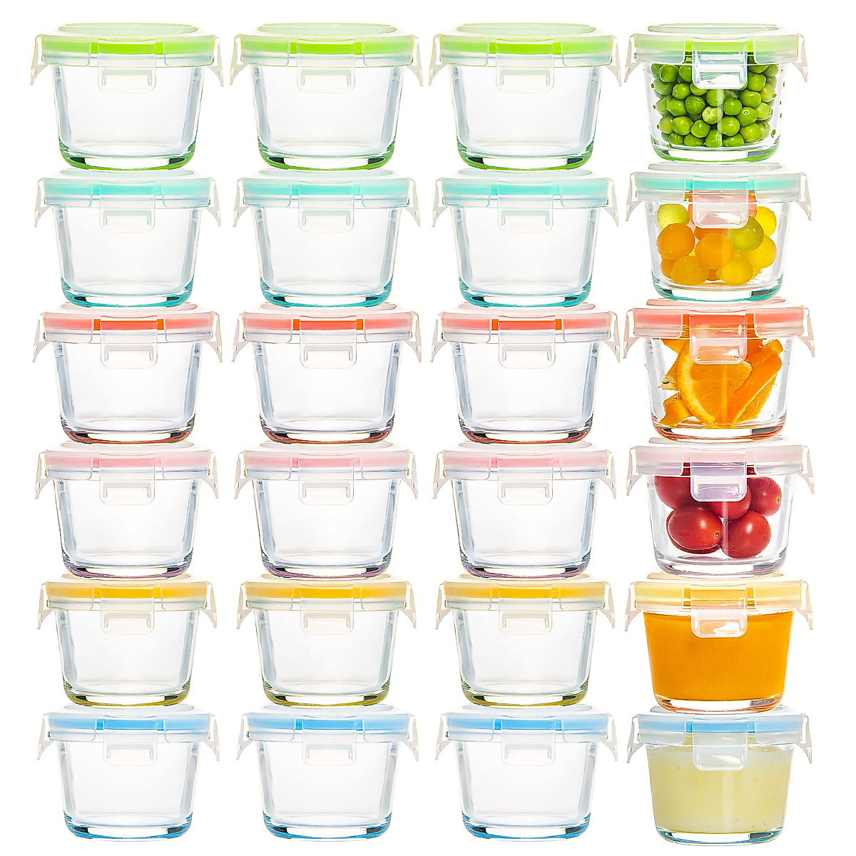 CZUMJJ 4 oz Circular Glass Food Storage Containers Set of 24, Small Containers with Locking Lids, Airtight Glass Food Jars for Food Portion, Snacks | Freezer, Microwave & Dishwasher Safe